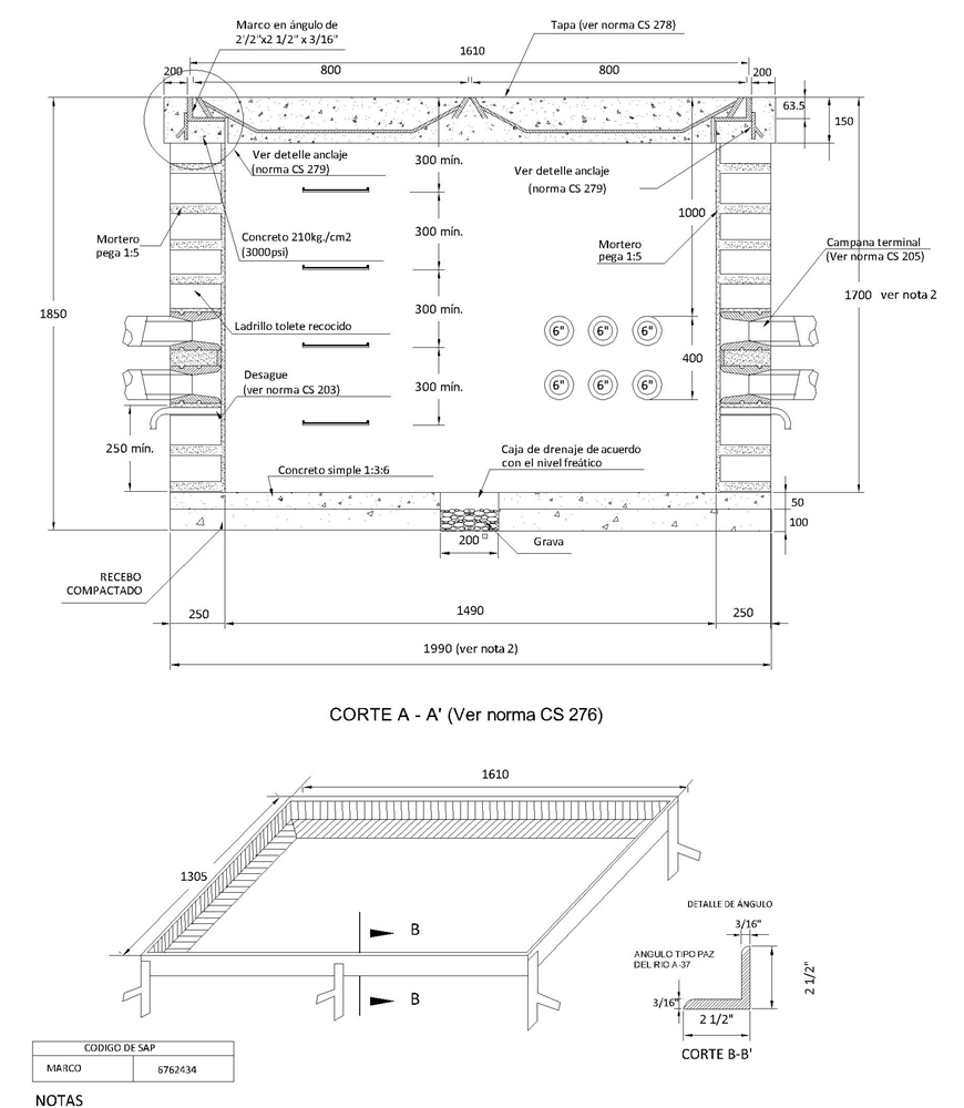 CS276-1 Caja de inspección doble para canalización de M.T. y B.T. Corte A – A` y marco | Likinormas